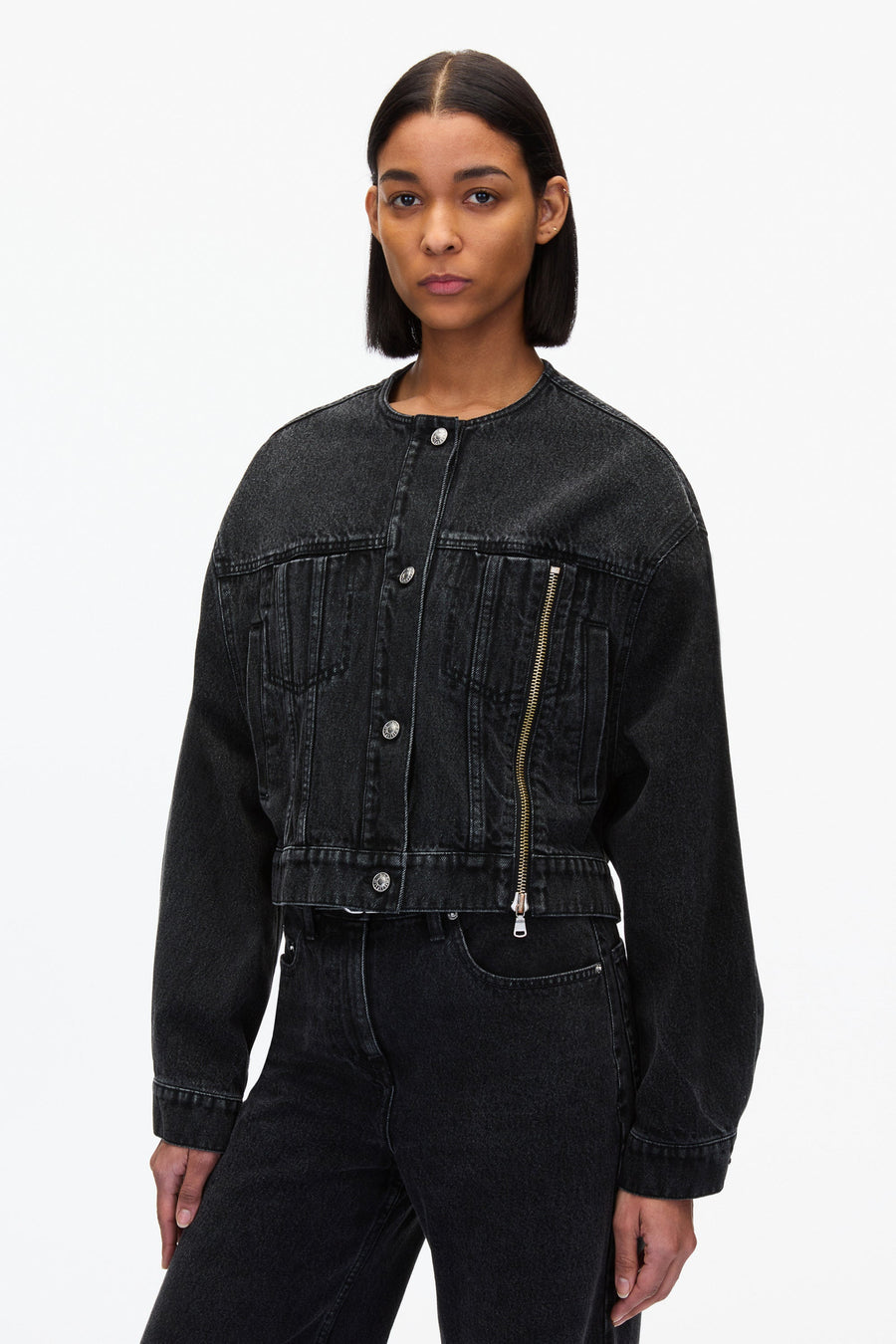 Crewneck Cropped Denim Jacket | Collarless Cropped Denim Jacket – 3.1 ...